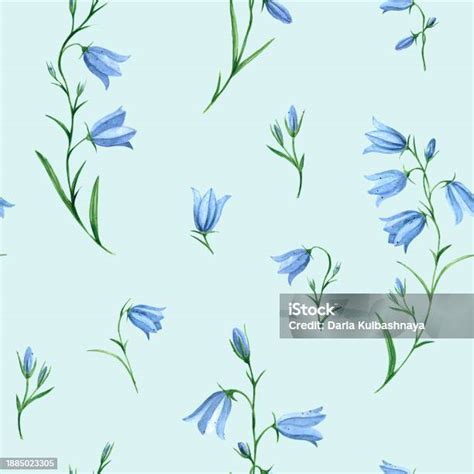 Bluebells의 수채화 완벽 한 패턴입니다 식물 배경 야생화가 있는 여름과 봄 패턴입니다 꽃 식물 배경입니다 Campanula 정원 초원 섬세한 꽃 0명에 대한 스톡