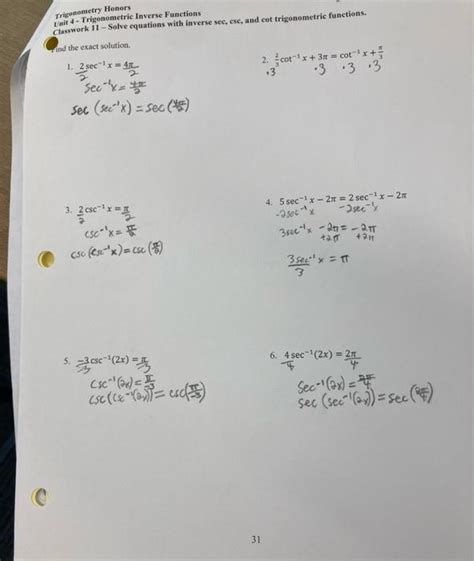 Solved Trigenometry Honors Unit 4 Trigonometric Inverse Chegg Com