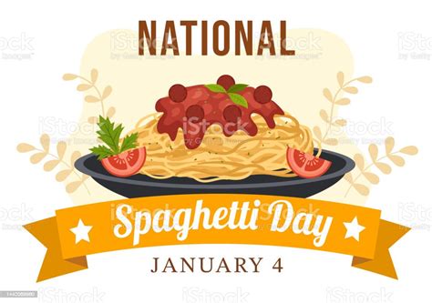 1월 4일 전국 스파게티의 날 이탈리아 국수 또는 파스타 플랫 만화 손으로 그린 템플릿 그림에 다양한 요리 건강한 생활방식에