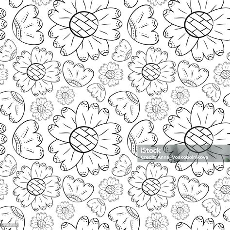 흑백 꽃의 완벽 한 패턴 벡터 릴리 스 칸디 나 비아 스타일 손에 흰색 바탕에 그려진 해바라기 수 있습니다 배경 섬유 종이 포장에 대 한 사용 3월에 대한 스톡 벡터 아트