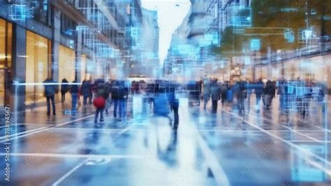Illustration Of Neural Network Ai And Data Processing In A Busy City With People On The Street
