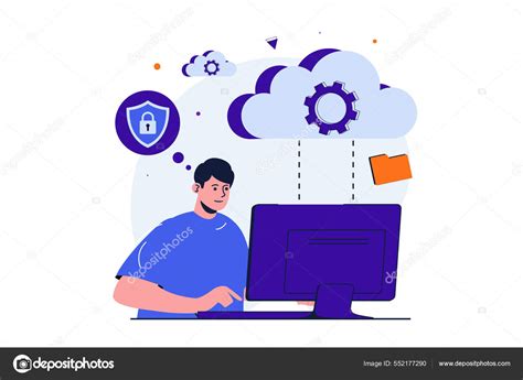 Cloud Computing Modern Flat Concept For Web Banner Design Man Works At Computer Uploads Files