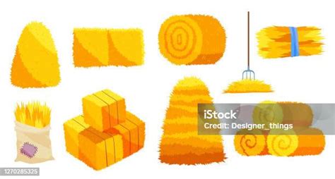 건초 컬렉션 플랫 벡터 일러스트는 포크와 건초 더미를 건조 건초롤 가축에 대한 사료의 공급 농업의 대상 농장 밀짚 베일 자연 농업 가을에 대한 스톡 벡터 아트 및 기타