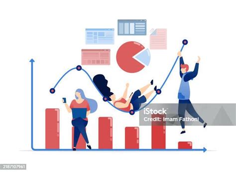 위아래로 움직이는 막대 차트 그래프를 중심으로 작업하는 직원 회사 성과를 검토하고 미래 성장을 위한 효과적인 기업 계획 수립 직원 벡터 일러스트레이션 개발에 대한 스톡 벡터