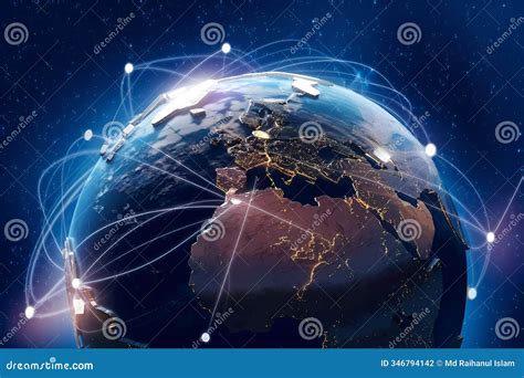 World Map With Glowing Interconnected Nodes Symbolizing Global Network Connections Stock