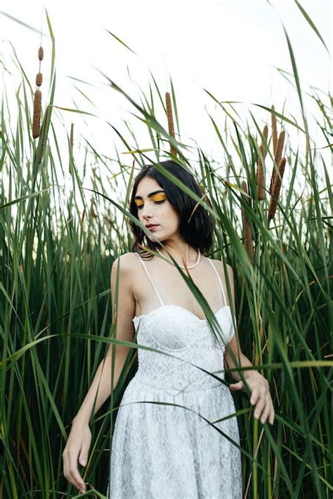 갈색 머리 경치가 좋은 고요한 드레스 들판 라이프스타일 모델 부들 스타일리시한 식물 식물군 아름다움 야생