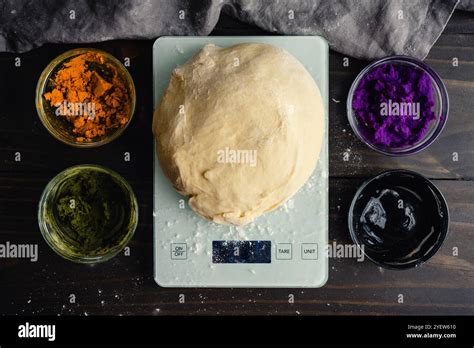 Bread Dough On A Kitchen Scale With Natural Food Colorings Making Multi Colored Milkbread With