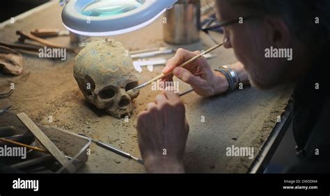 Mature Archaeologist Cleans Fossil Skull Under Lamp Using Professional