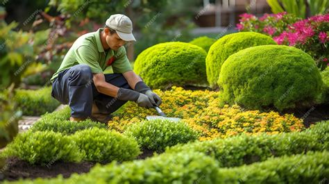 Premium Ai Image Arafed Man In A Green Shirt And Hat Trimming A Garden Generative Ai