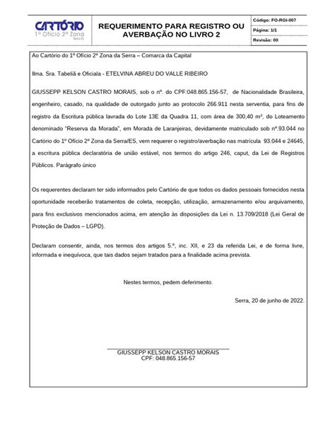Fo Rgi 007 Requerimento Para Registro Averbação Livro 2 Averbação Escritura De Uniao Estavel Pdf