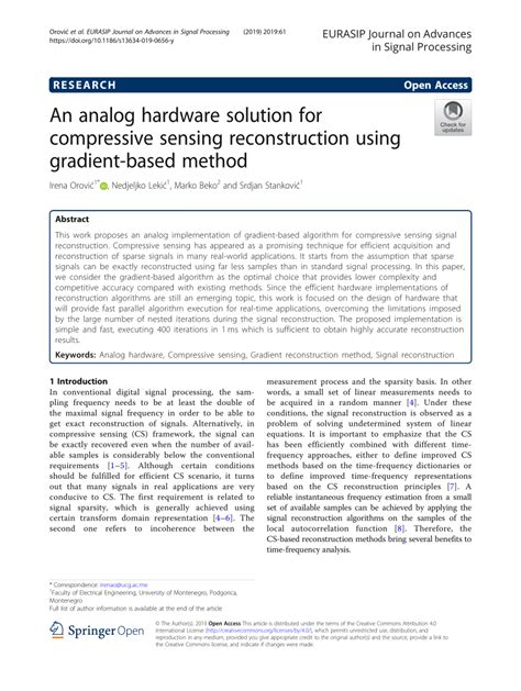 Pdf An Analog Hardware Solution For Compressive Sensing Reconstruction Using Gradient Based Method