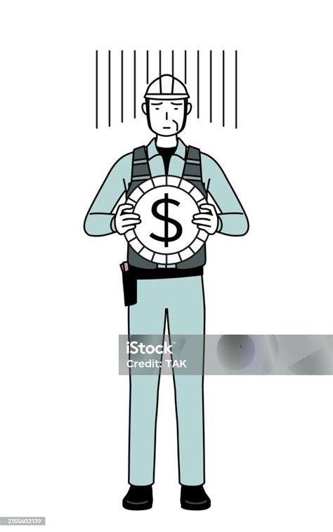 헬멧과 작업복을 입은 선임 남성 엔지니어는 환 손실 또는 달러 감가상각의 이미지를 착용합니다 거래자에 대한 스톡 벡터 아트 및