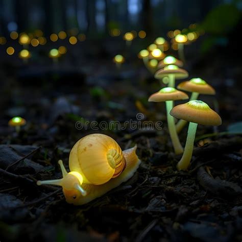Glowing Snail Moves Through A Dark Forest Floor Past Bioluminescent