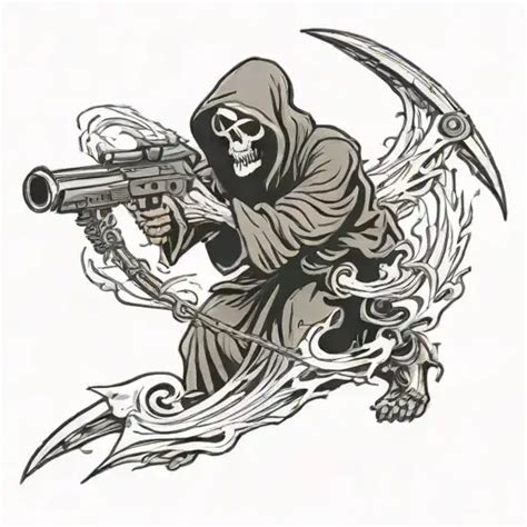Neo Traditional Grim Reaper Using A Mounted Machine Gun Tattoo Idea