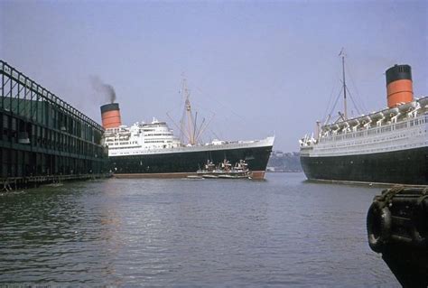 Rms Queen Elizabeth Entering New York With Rms Mauretania Ii Docked To