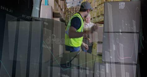 Statistical Data Processing Against Caucasian Male Worker Stacking Delivery Boxes In Delivery