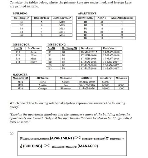 Solved Consider The Tables Below Where The Primary Keys Are Chegg