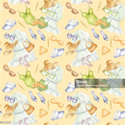 베이지색으로 분리된 여성의 해변 의상 이음매 없는 패턴 드레스 수영복 선글라스 수채화 손으로 그린 여름 컬렉션 상점 판매 섬유 포장 쇼케이스 여름 인쇄를 위한 디자인 0명에