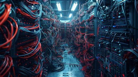 High Tech Data Center With Network Cables And Servers Stock