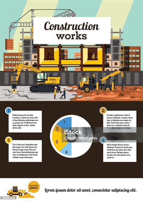 건설 현장의 테마에 대한 벡터 그림입니다 도시의 배경에 건물의 건설 건설 크레인 굴삭기 드릴링 아스팔트 트럭 노동자 인포 그래픽 개발에 대한 스톡 벡터 아트 및 기타 이미지