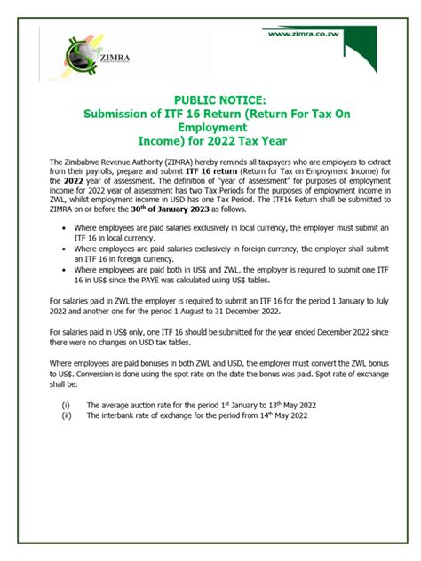 Public Notice 8 Of 2023 Submission Of Itf 16 Return For Return For Employment Income Pdf