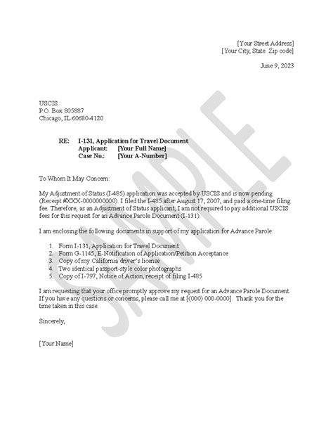 I 131 Cover Letter Sample Aos Your Street Address Your City State