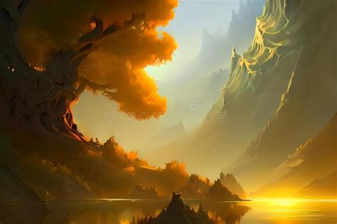 Golden Sky Fantasy Frontier Generative AI Stock Image Image Of Nature Home