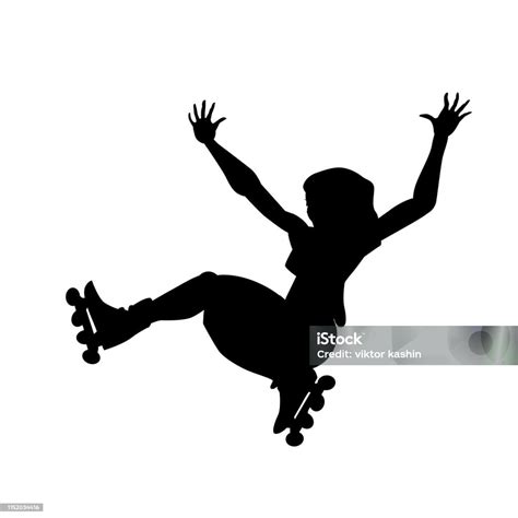 롤러 스케이트에 여자의 실루엣입니다 소녀는 스턴 트를 만든다 벡터 흑백 그림입니다 컷아웃 고립 된 오브젝트 스포츠 용품 요소입니다 가리기에 대한 스톡 벡터 아트 및 기타