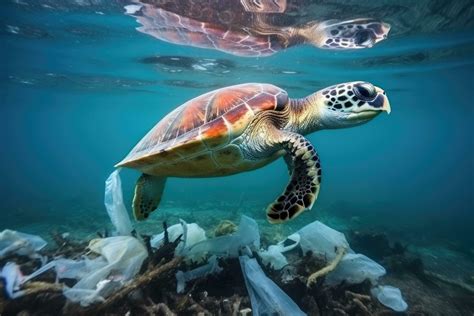 Green Sea Turtle Swimming In The Blue Ocean Green Sea Turtle In The