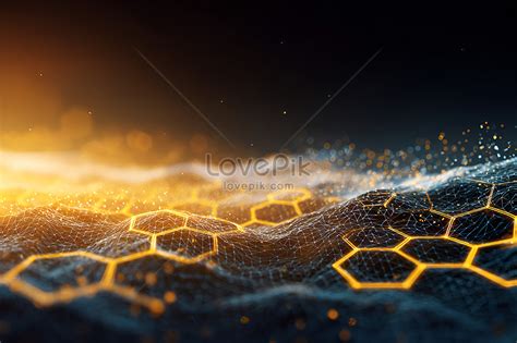 빛나는 육각형 및 와이어 프레임 풍경