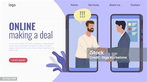 온라인 거래 방문 페이지입니다 웹 사이트 인터페이스 템플릿 웹 Ui 디자인 거래를 위한 모바일 응용 프로그램 인터넷 뱅킹 및 파트너십 사람들은 악수를 합니다 벡터 개념