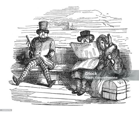 영국 풍자 만화 캐리커처 일러스트레이션 벤치에 앉아 신문을 읽고 근처에 있는 격자 무늬 바지를 입은 남자를 바라보는 커플 19세기에 대한 스톡 벡터 아트 및 기타 이미지