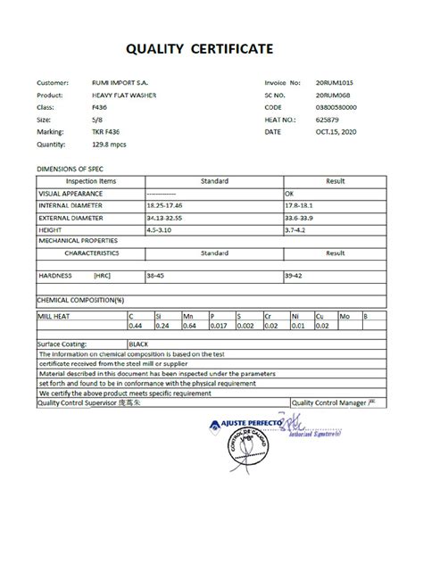 Certificado De Materiales Tuercas Y Arandelas Pdf