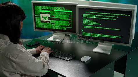 It Specialist Against Big Digital Screen Back View African American Woman Programmer Works On