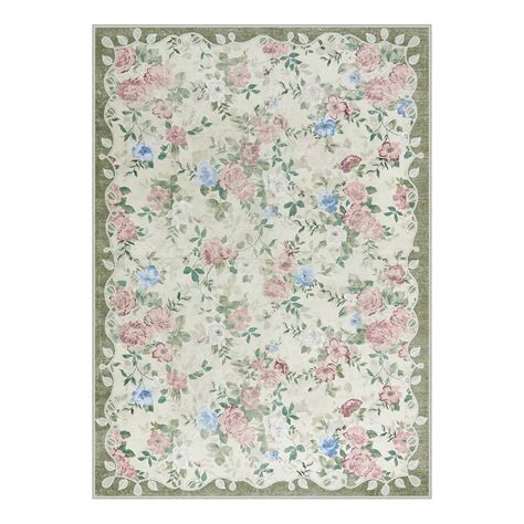 Washable Light Green Romantic Rose Floral Rug Nina Vintage Style Lahome