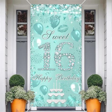 Sweet 16 Happy Birthday Door Banner Teal Silver 16th Birthday
