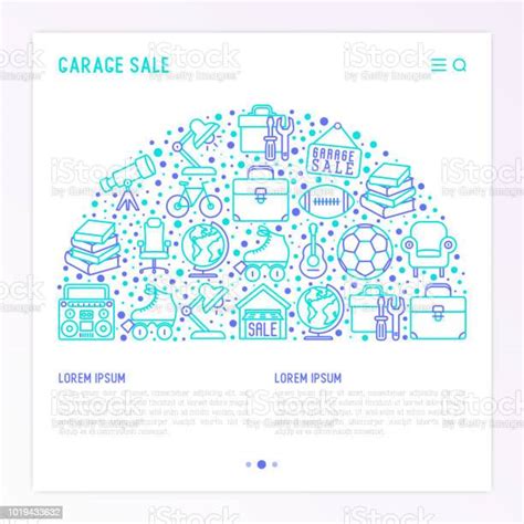 얇은 선 아이콘으로 30 원에 차고 판매 개념 간판 지구본 망원경 기타 롤러 안락의 자 도구 상자 축구공 배너 인쇄 매체 웹 페이지에 대 한 최신 벡터 일러스트 거라지