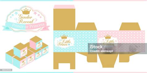 로얄 베이비 샤워입니다 성별 공개 파티 황태자 또는 공주입니다 블루 핑크와 골드 호의 상자 템플릿입니다 베이비샤워에 대한 스톡 벡터 아트 및 기타 이미지 Istock