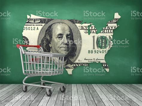 칠판 배경에 달러 지폐와 쇼핑 카트와 미국 국가 모양 3d 렌더링 100에 대한 스톡 사진 및 기타 이미지 100 100 달러 지폐 미국 지폐 통화 3차원 형태
