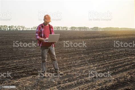 시골 농부는 들판에서 노트북을 사용하고 공간을 복사합니다 농업 기술 55 59세에 대한 스톡 사진 및 기타 이미지 55 59세 개념 남성 Istock