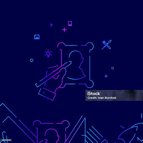 손은 초상화 벡터 라인 아이콘 어두운 파란색 배경에 그림을 그립니다 관련 된 아래쪽 테두리 개성 개념에 대한 스톡 벡터 아트 및 기타 이미지 Istock