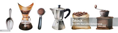 커피를 만들기 위한 수채화 그림 세트 간헐천 커피 메이커 황마 커피 백이 포함됩니다 흰색 고립된 배경에 손으로 그림을 그립니다 디자이너 메뉴 상점 바 비스트로 레스토랑 엽서