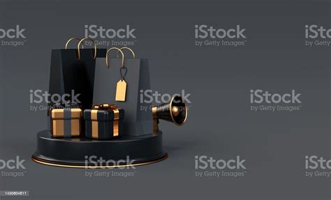어두운 배경에 쇼핑백과 선물이 있는 블랙 프라이데이 전단지 템플릿과 3d 렌더링의 복사 공간 프로모션 마케팅 제안 및 온라인 쇼핑 개념 3차원 형태에 대한 스톡 사진 및