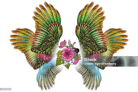 화려한 구식된 날개와 우아한 빈티지 꽃 꽃다발 빅토리아 모티브 스타일 예술 고립 장미와 꽃 천사 또는 새 날개 플래시 문신 디자인 요소 여자 스타일 그리기 벡터입니다