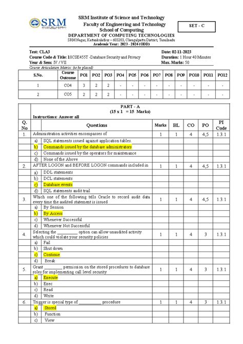 Ct 3 Set C Answer Key Srm Institute Of Science And Technology Faculty Of Engineering And