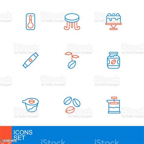 세트 라인 프렌치 프레스 커피 원두 커피 메이커 항아리 병 설탕 스틱 패킷 케이크 및 테이블 아이콘 위에 붓습니다 벡터 가리기에 대한 스톡 벡터 아트 및 기타 이미지