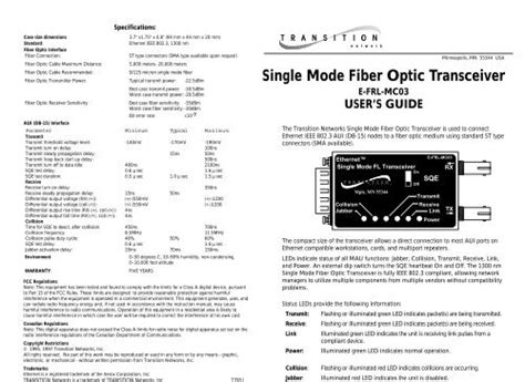 Single Mode Fiber Optic Transceiver Transition Networks