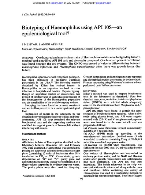 Pdf Biotyping Of Haemophilus Using Api 10s An Epidemiological Tool