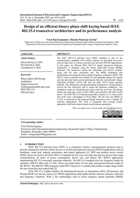 Design Of An Efficient Binary Phase Shift Keying Based Ieee 802154 Transceiver Architecture