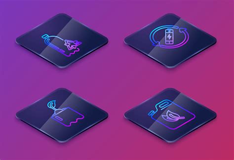 아이소메트릭 라인 재활용 플라스틱 병 병에 새싹 재활용 기호 라인이 있는 배터리 및 바이오 연료 캐니스터를 설정합니다 파란색 사각형 버튼 벡터 0명에 대한 스톡 벡터 아트